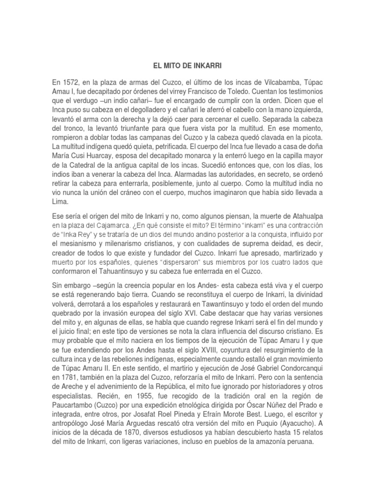 Mito de Inkarri: Origen y Significado | PDF | Perú
