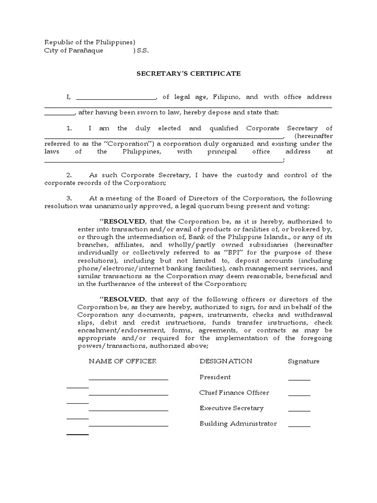 Philippines Secretary Certificate for BPI Bank | PDF | Cheque | Banks