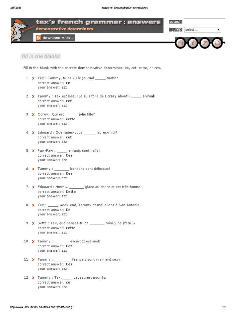 French Demonstrative Determiners Quiz | PDF
