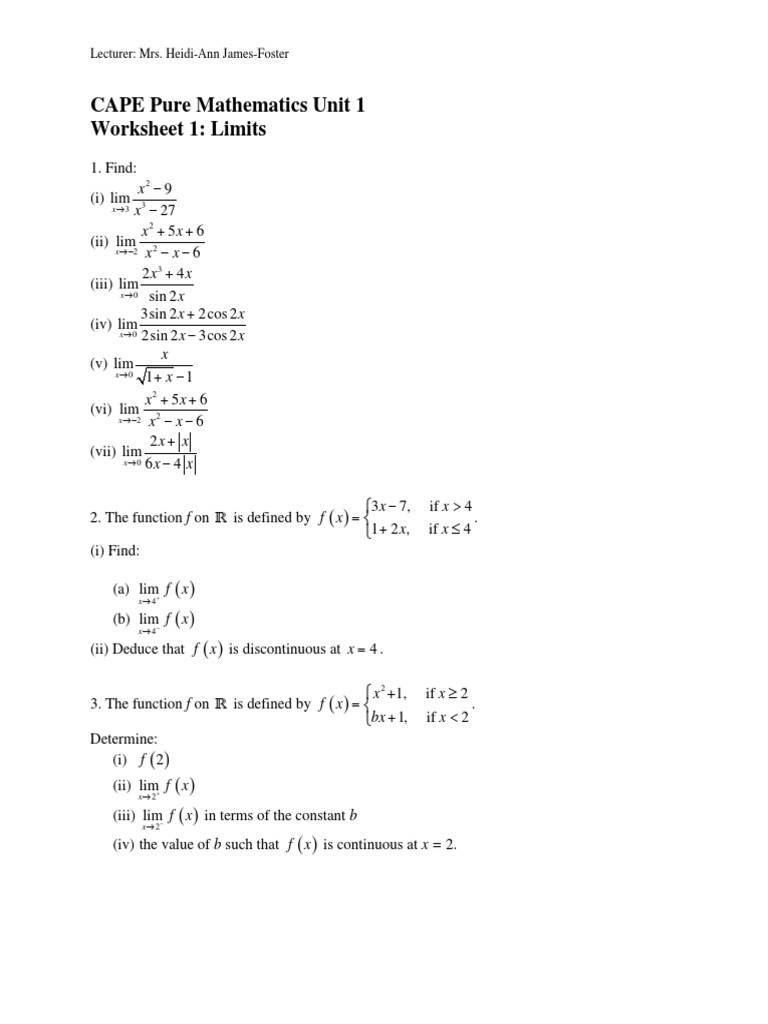 CAPE Pure Mathematics Unit 1 Worksheet 1: Limits: X X X X X X X X X | PDF