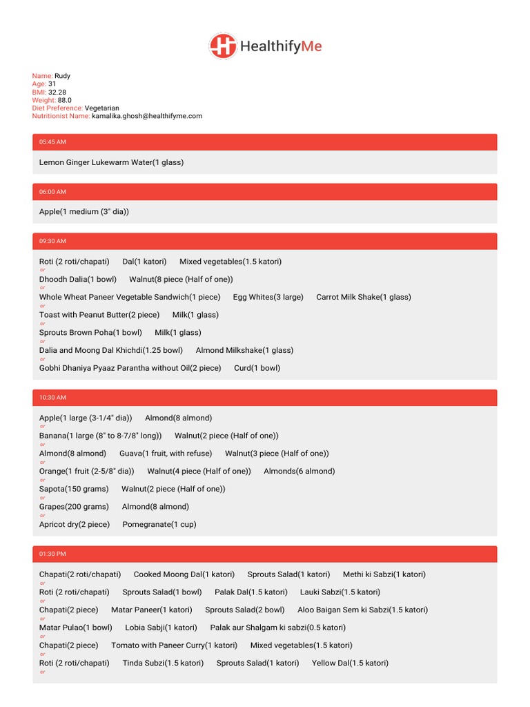 A Sample Weekly Meal Plan and Diet for a 31-Year Old Male Vegetarian ...