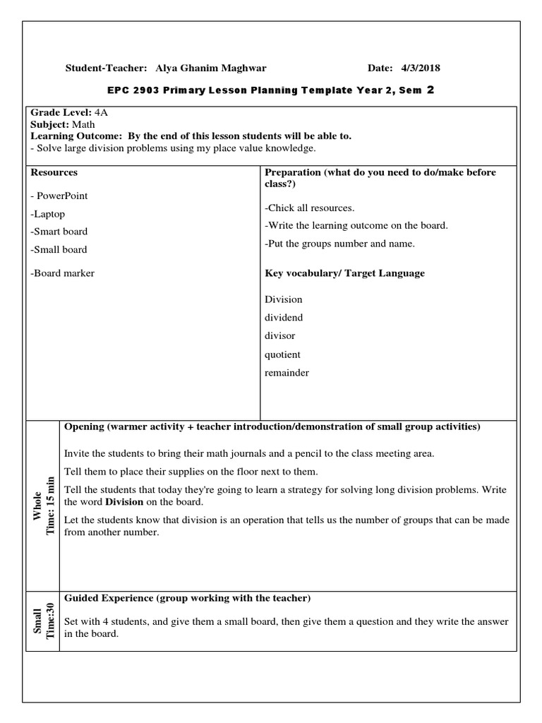 Lesson Plan 4 | Download Free PDF | Division (Mathematics) | Lesson Plan