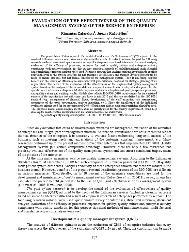 Evaluation of Quality Management System | PDF | Quality Management ...