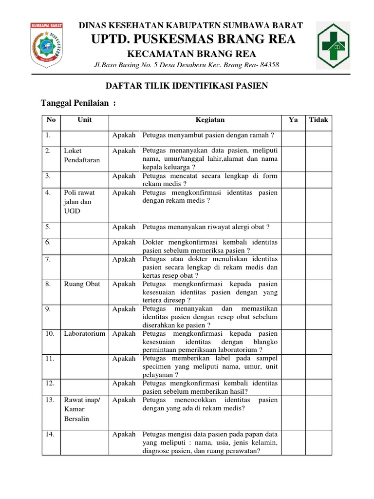 Daftar Tilik Identifikasi Pasien | PDF