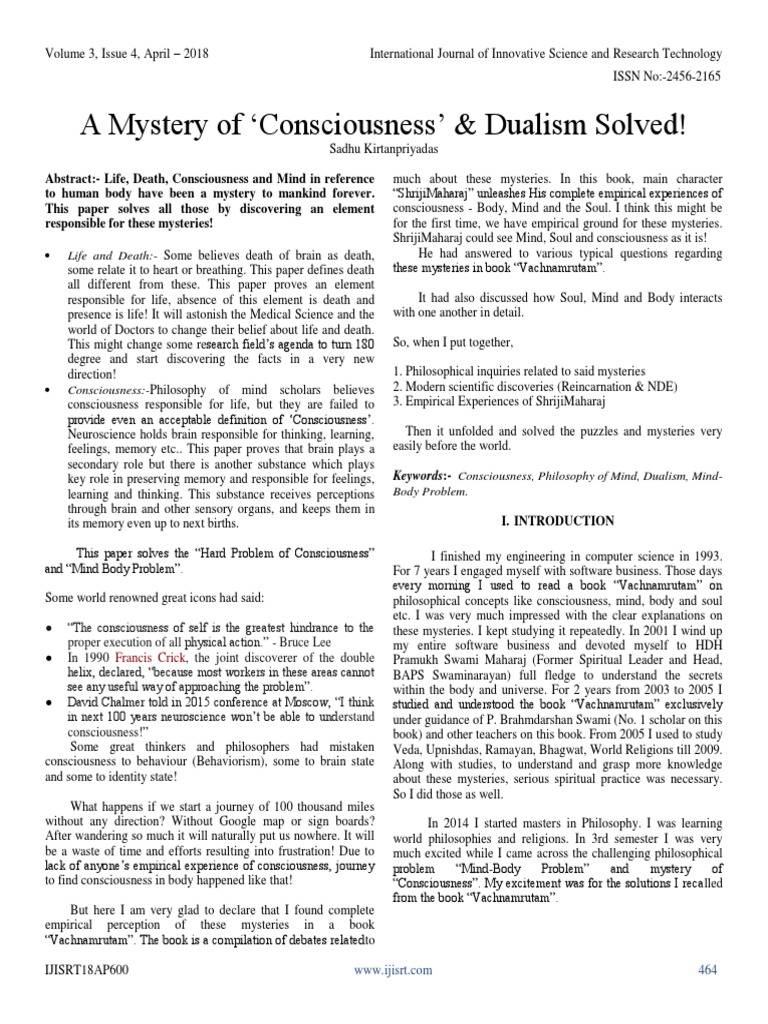 A Mystery of Consciousness' Dualism Solved | PDF | Consciousness | Mind ...