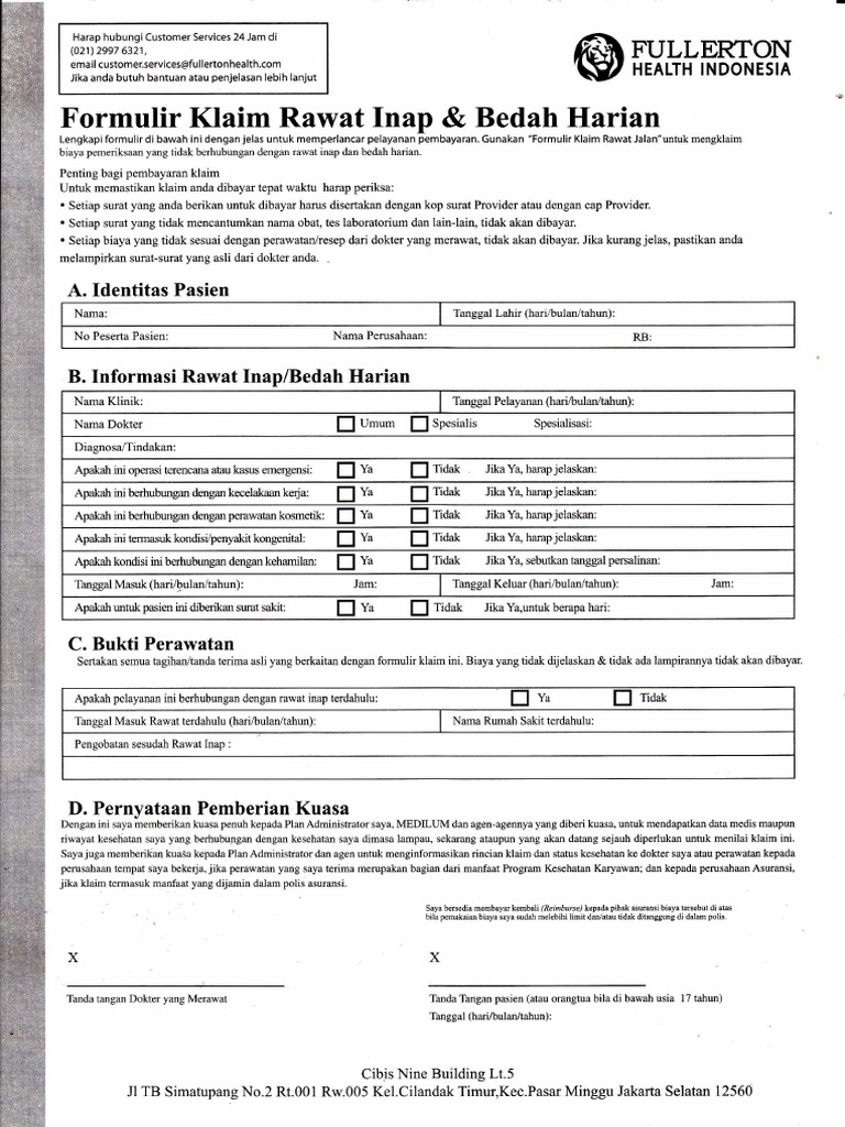 Formulir Rawat Inap Fullerton Healt | PDF | Self-Improvement