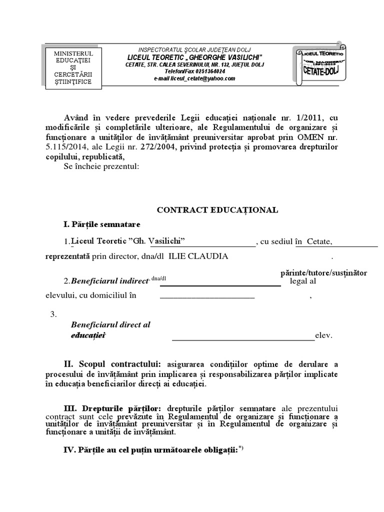 Contract Educațional I. Părțile Semnatare: Liceul Teoretic Gheorghe ...