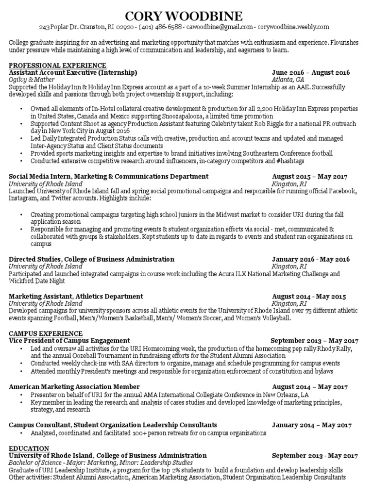 Cory Woodbine Resume 1718 | PDF | Internship | Job Hunting