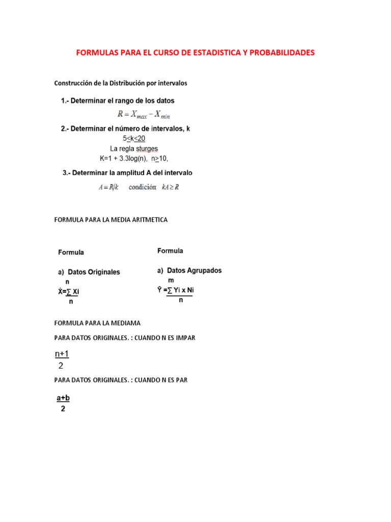 Formulas para El Curso de Estadistica y Probabilidades | PDF
