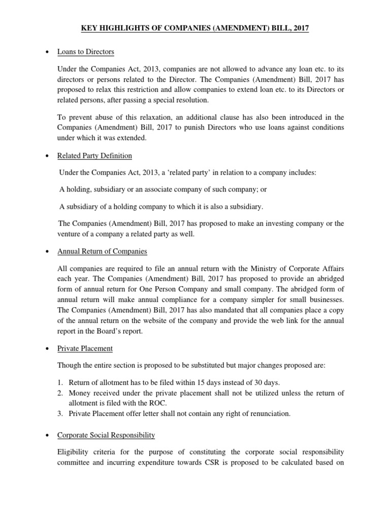 Key Highlights Companies Amendment Bill | PDF | Corporate Social ...