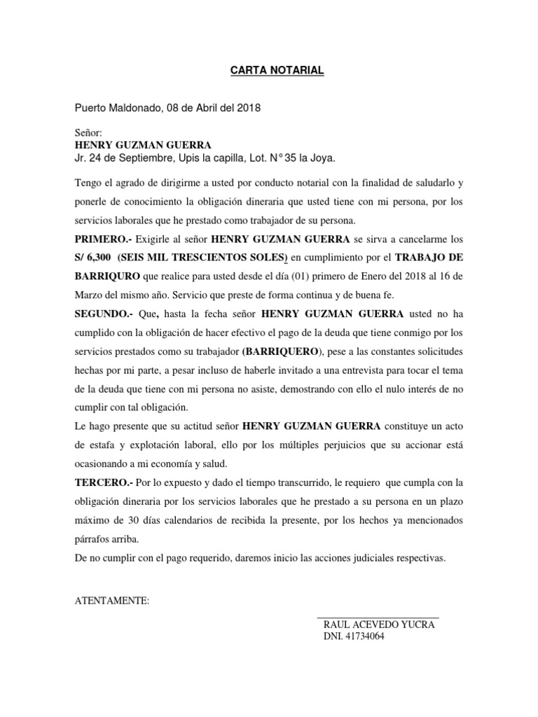 Carta Notarial de Compromiso de Pago | PDF