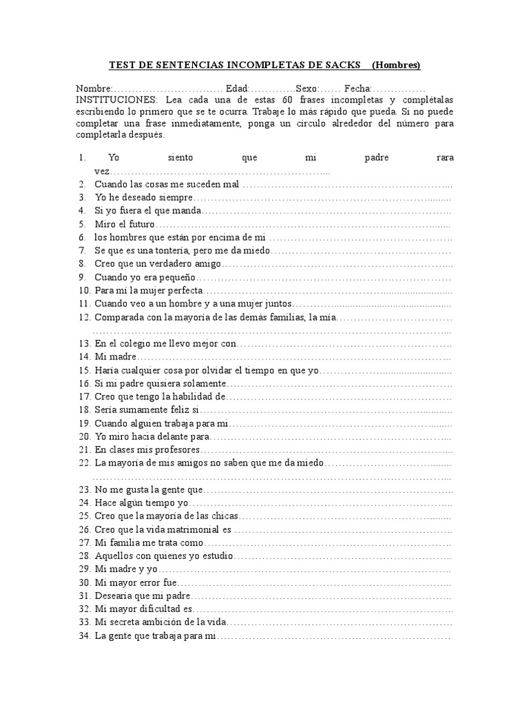 Test de Frases Incompletas de Sacks | PDF | Violencia | Agitación
