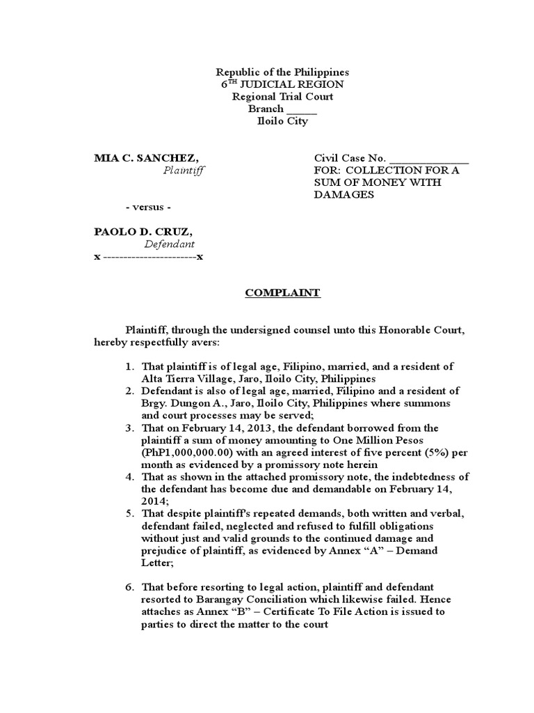 Sample Complaint For Collection For A Sum of Money | PDF | Complaint ...
