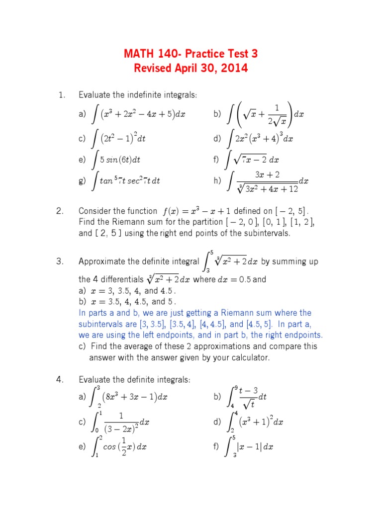 MATH 140-Practice Test 3 Revised April 30, 2014 | PDF | Integral ...