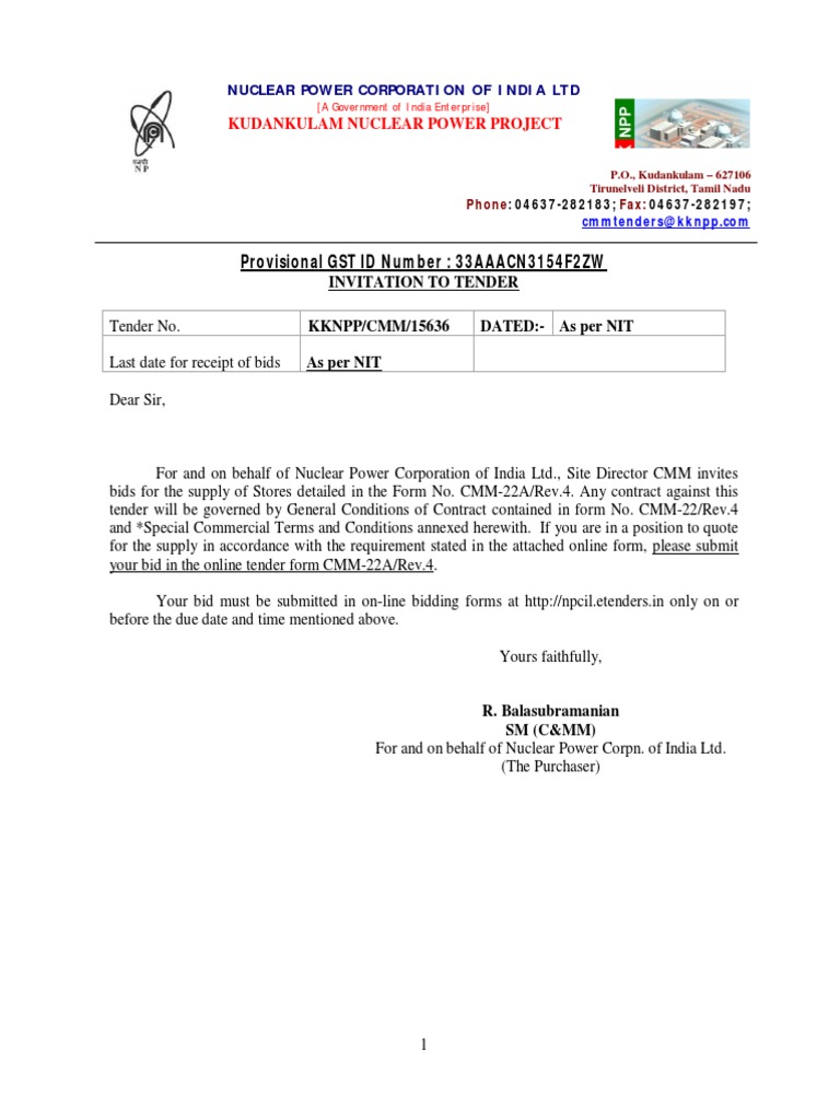 Provisional GST ID Number: 33AAACN3154F2ZW: Kudankulam Nuclear Power ...