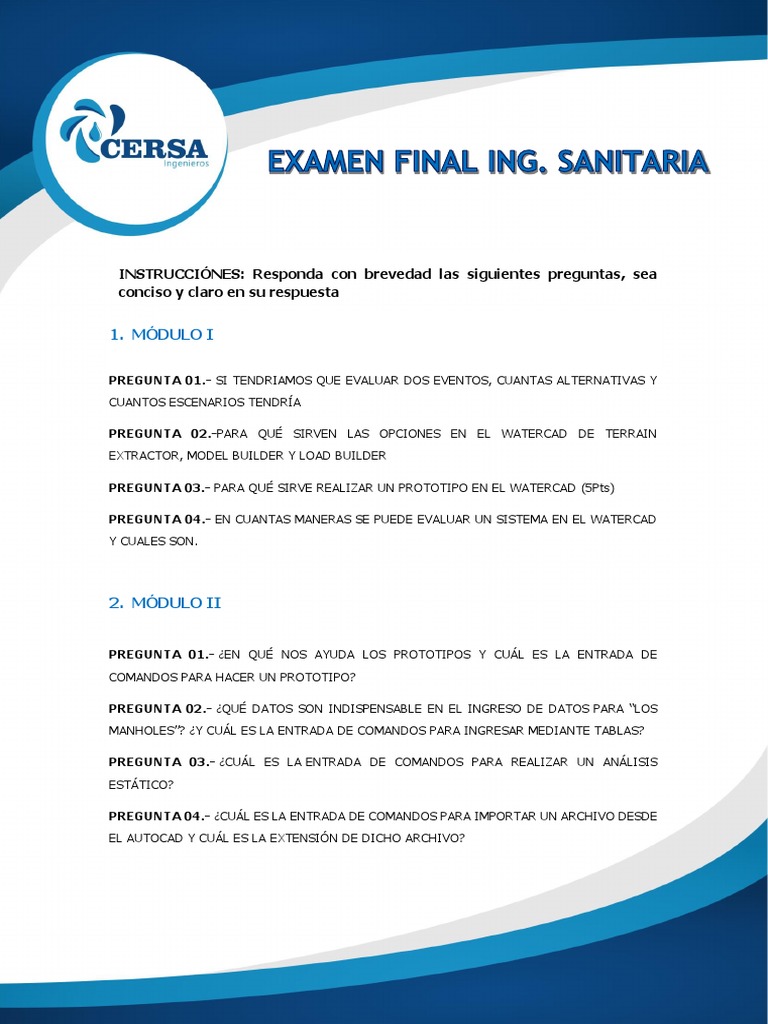 Examen Final Ing. Sanitaria | PDF Examen Final Ing. Sanitaria | PDF