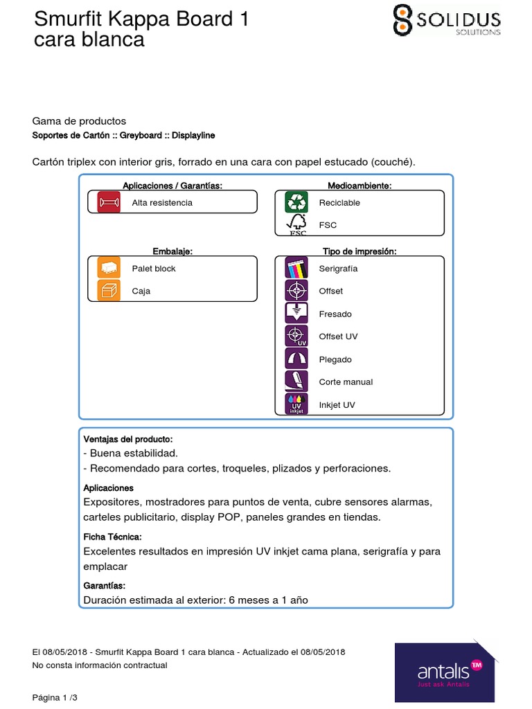 Smurfit Kappa Board 1 Cara Blanca | PDF | Paperboard | Materials