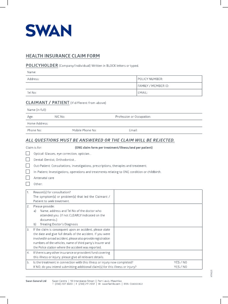 SWAN Health Insurance Claim Form | PDF