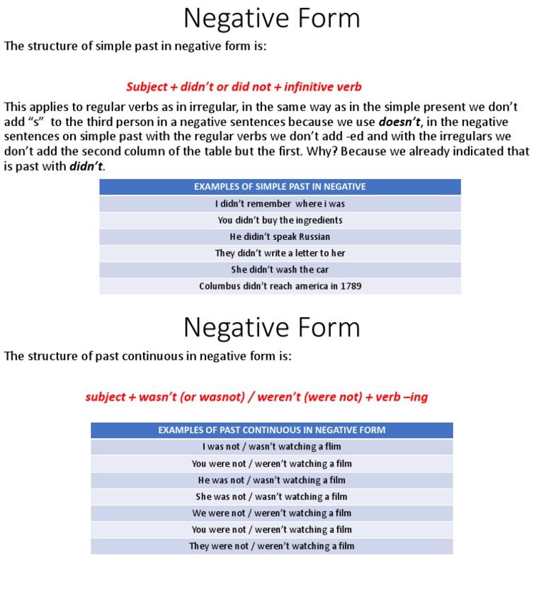 Negative Form of Simple Past and Past Continuous PDF | PDF