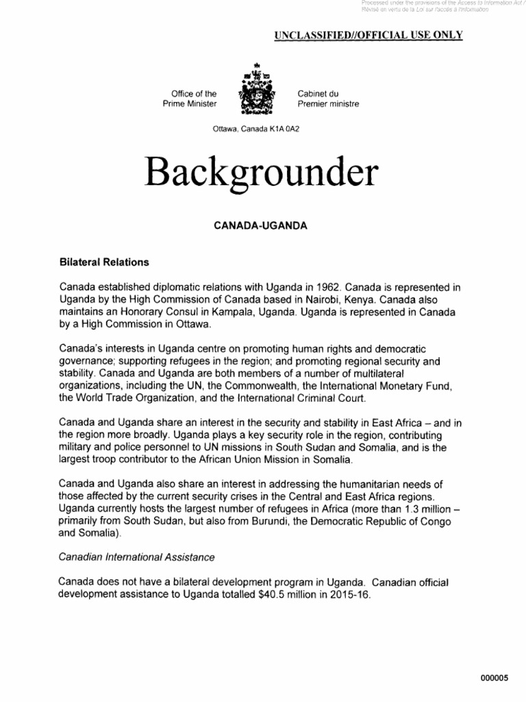 Briefing Notes For Meeting Between Justin Trudeau and Yoweri Museveni | PDF