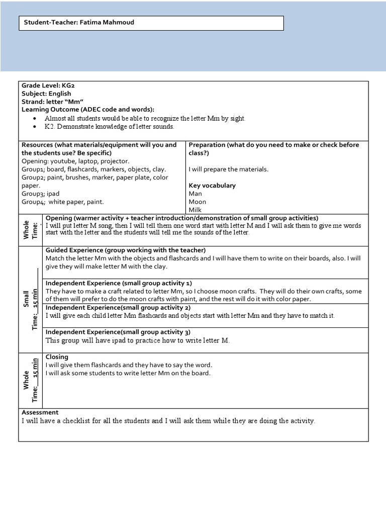 letter m lesson plan | Lesson Plan | Educational Psychology