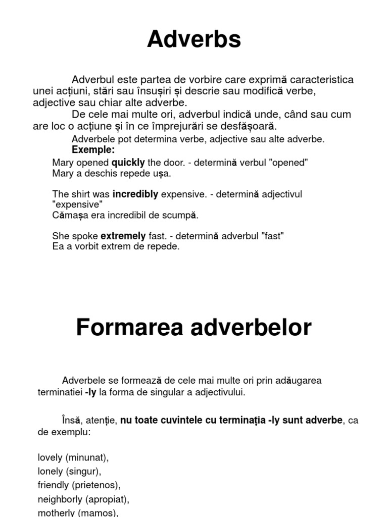 Tipuri și Exemple de Adverbe | PDF | Adjective | Linguistics