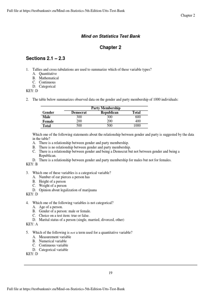 Mind On Statistics 5th Edition Utts Test Bank | PDF | Outlier | Median