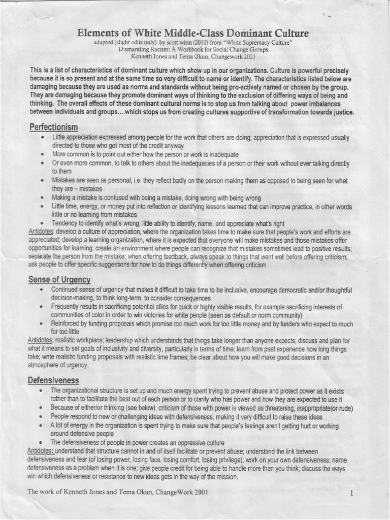 Elements of White Middle Class Dominant Culture | PDF