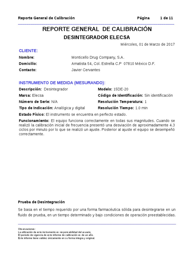 Informe de Calibracion Desintegrador Elecsa | PDF | Calibración | Metrología