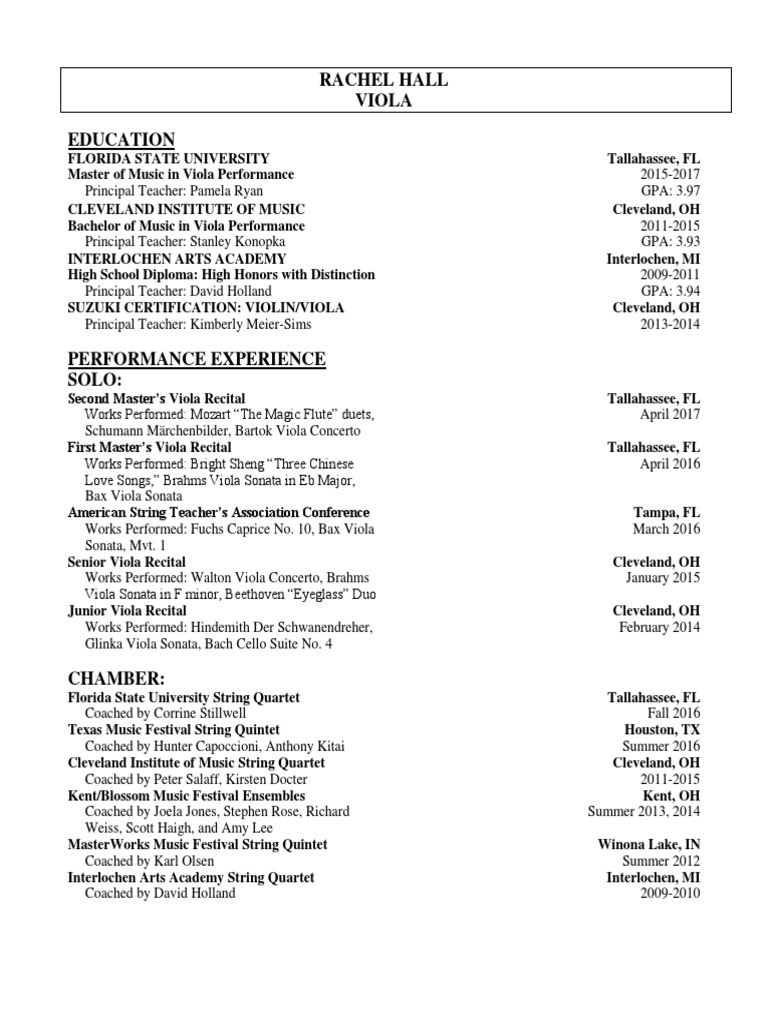 Rachel Hall Resume | PDF | Viola | Concerto