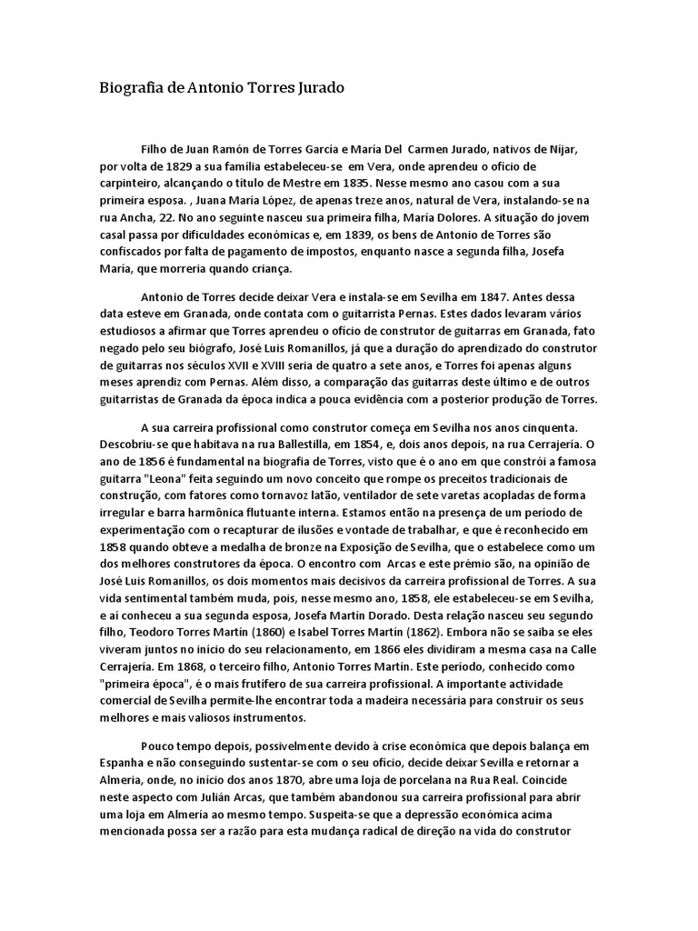 A vida e obra do construtor de guitarras Antonio de Torres Jurado: da ...