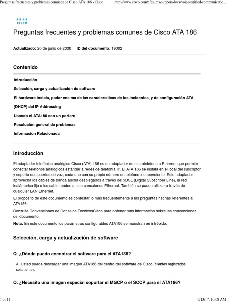 Preguntas Frecuentes y Problemas Comunes de Cisco ATA 186 - Cisco | PDF ...