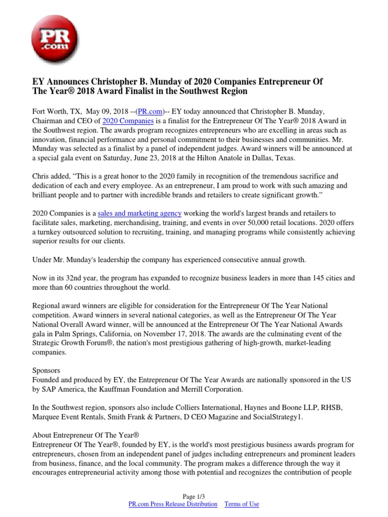 EY Announces Christopher B. Munday of 2020 Companies Entrepreneur of ...