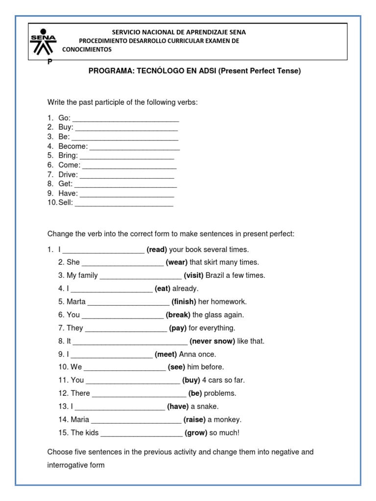 Present Perfect Tense Activities | PDF | Perfect (Grammar) | Syntax