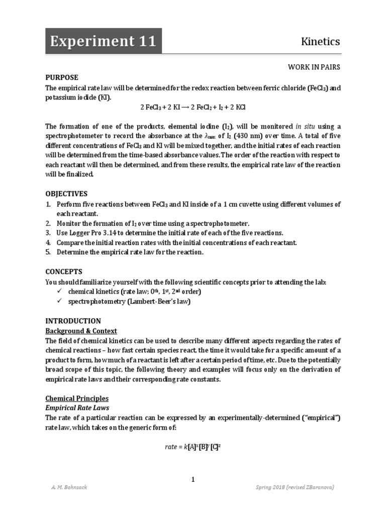 Experiment 11 Kinetics Lab Manual | PDF | Reaction Rate | Chemical Kinetics