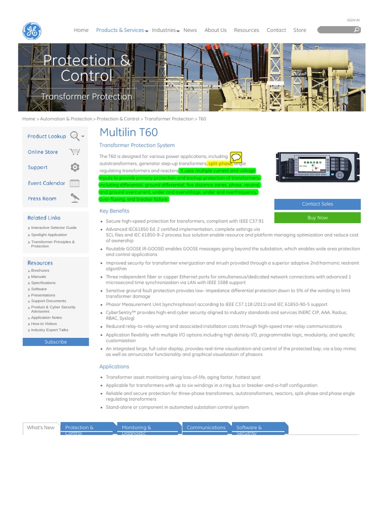 Protection & Control: Multilin T60 | PDF | Electrical Grid | Transformer