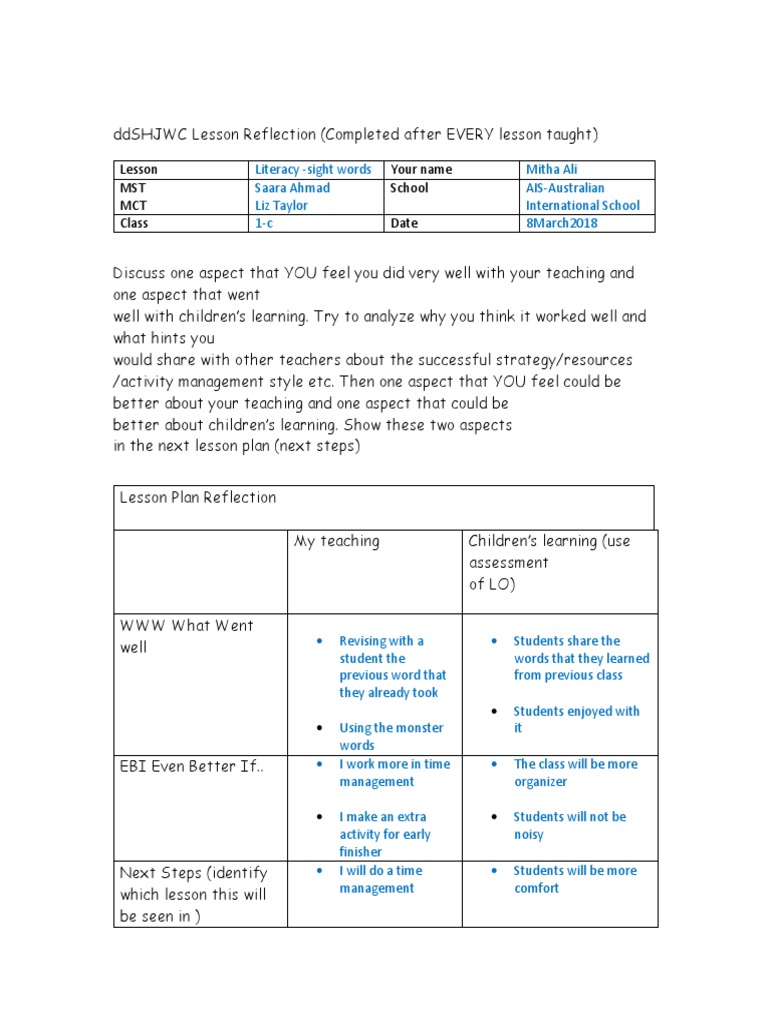 Lesson Reflection 8march | PDF | Lesson Plan | Psychological Concepts