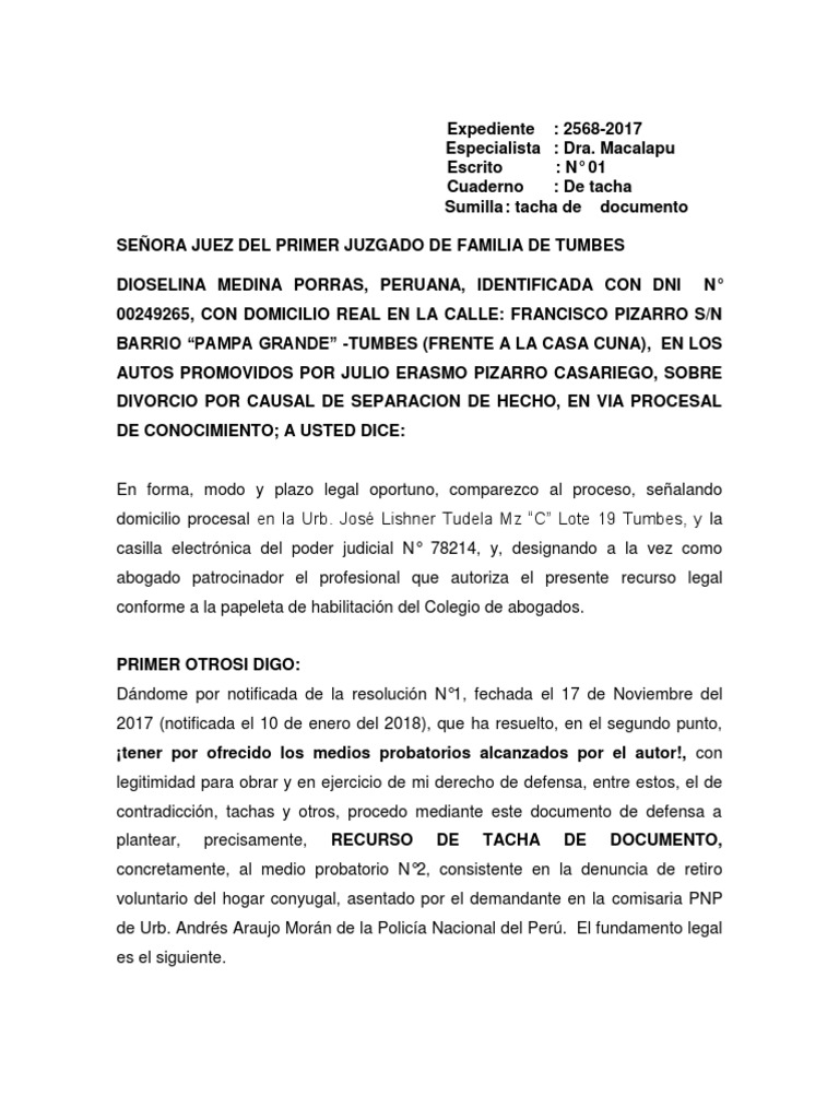 Escrito de Tacha | Evidencia (ley) | Demanda judicial