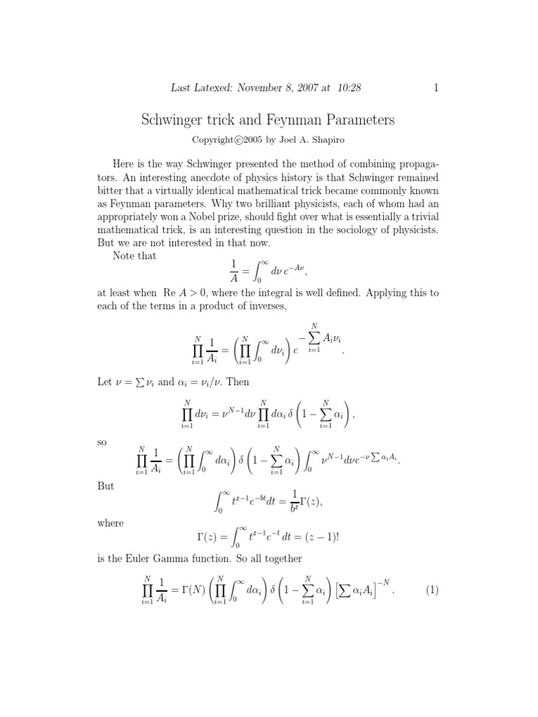 Schwinger Trick and Feynman Parameters | PDF | Integral | Mathematical ...