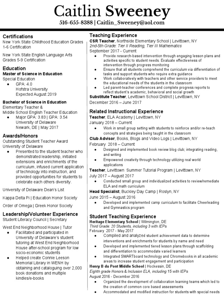 Caitlin Sweeney Resume - 7 | PDF | Grading (Education) | Teachers
