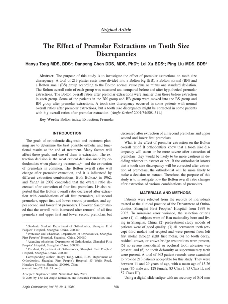The Impact of Premolar Extractions on Tooth Size Discrepancies ...