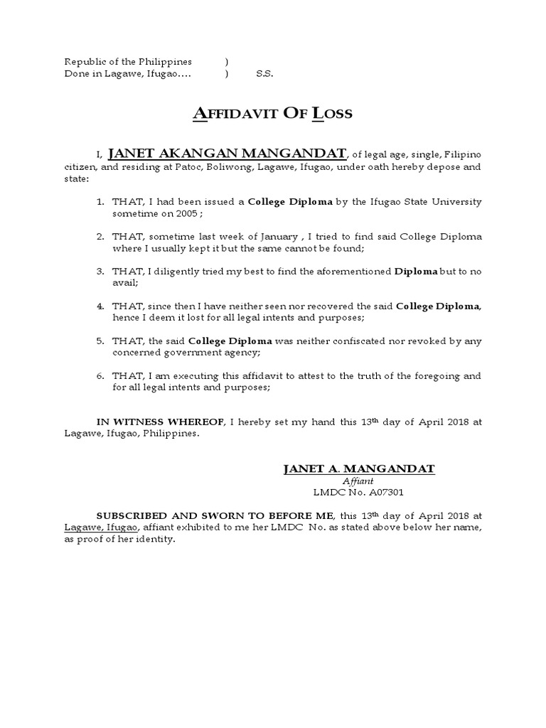 Affidavit of Loss- DIPLOMA