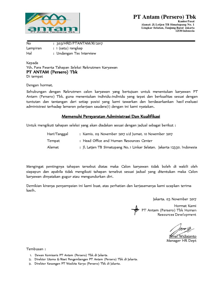 Undangan Tes Interview Rekrutmen Antam | PDF