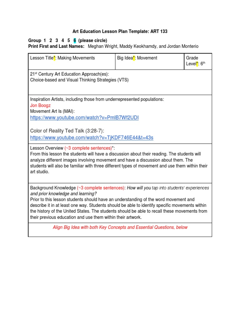 Art Education Lesson Plan Template Art 133 | PDF | Lesson Plan | Learning