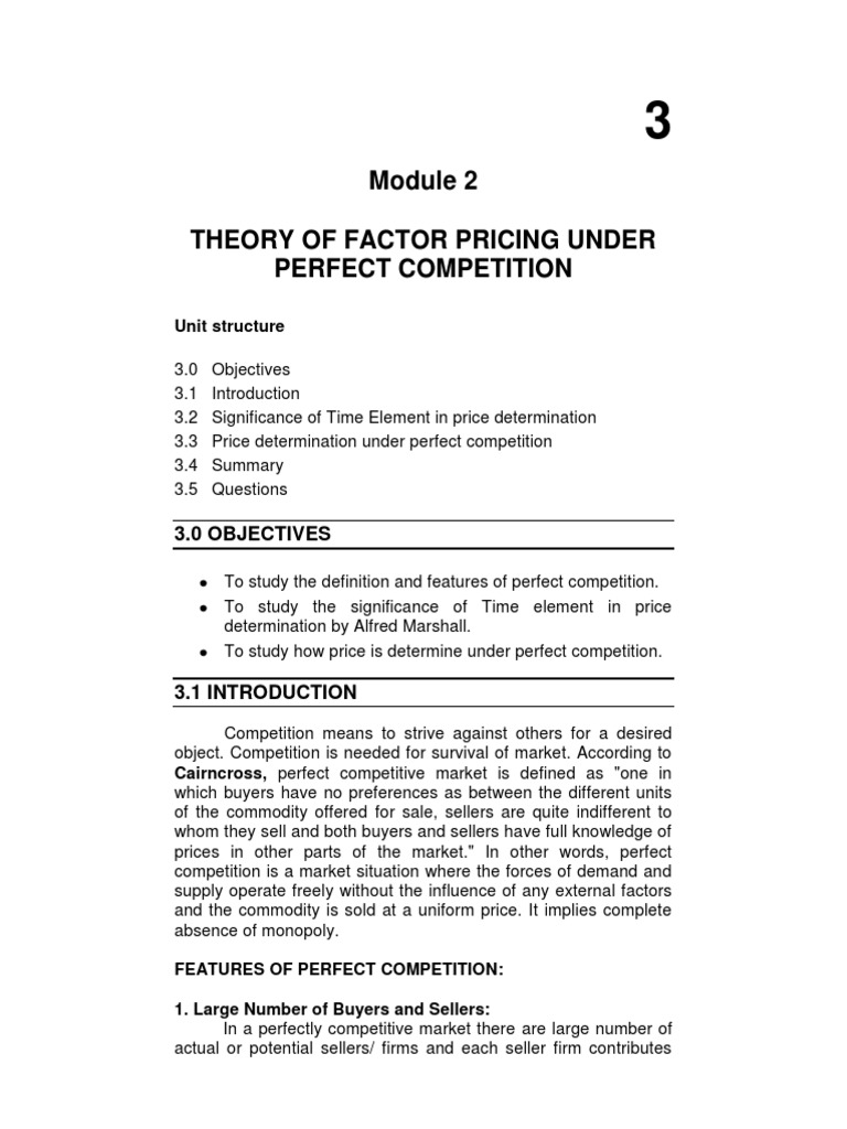 Theory of Factor Pricing Under Perfect Competition: 3.0 Objectives | PDF