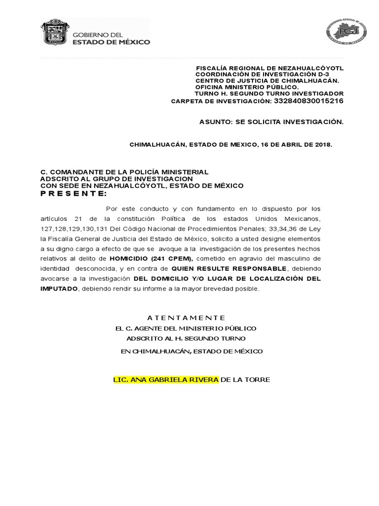 Oficio Para Iniciar Investigacióny Solicitar Citacion Ante Juez De