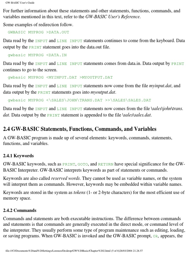 2.4 GW-BASIC Statements, Functions, Commands, and Variables: Dat. Data ...