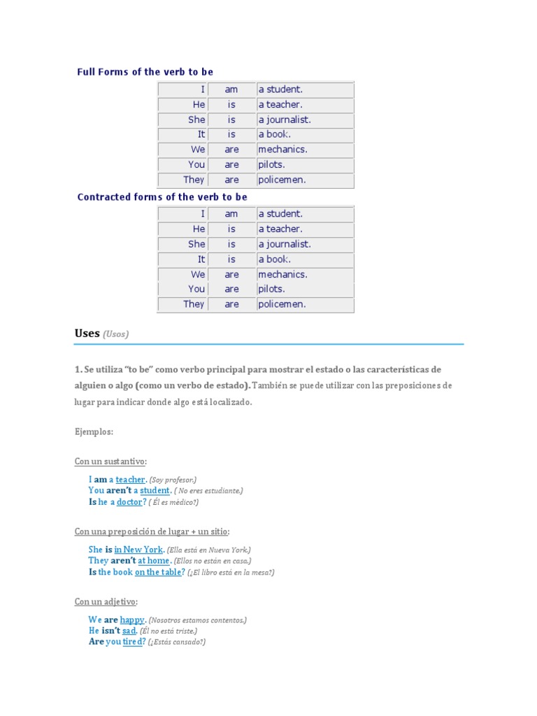 Full Forms of The Verb To Be | PDF | Subject (Grammar) | Syntactic ...
