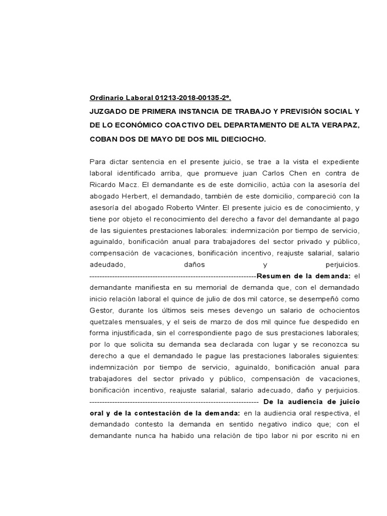 Sentencia-Juicio Ordinario Laboral | Salario | Demanda judicial