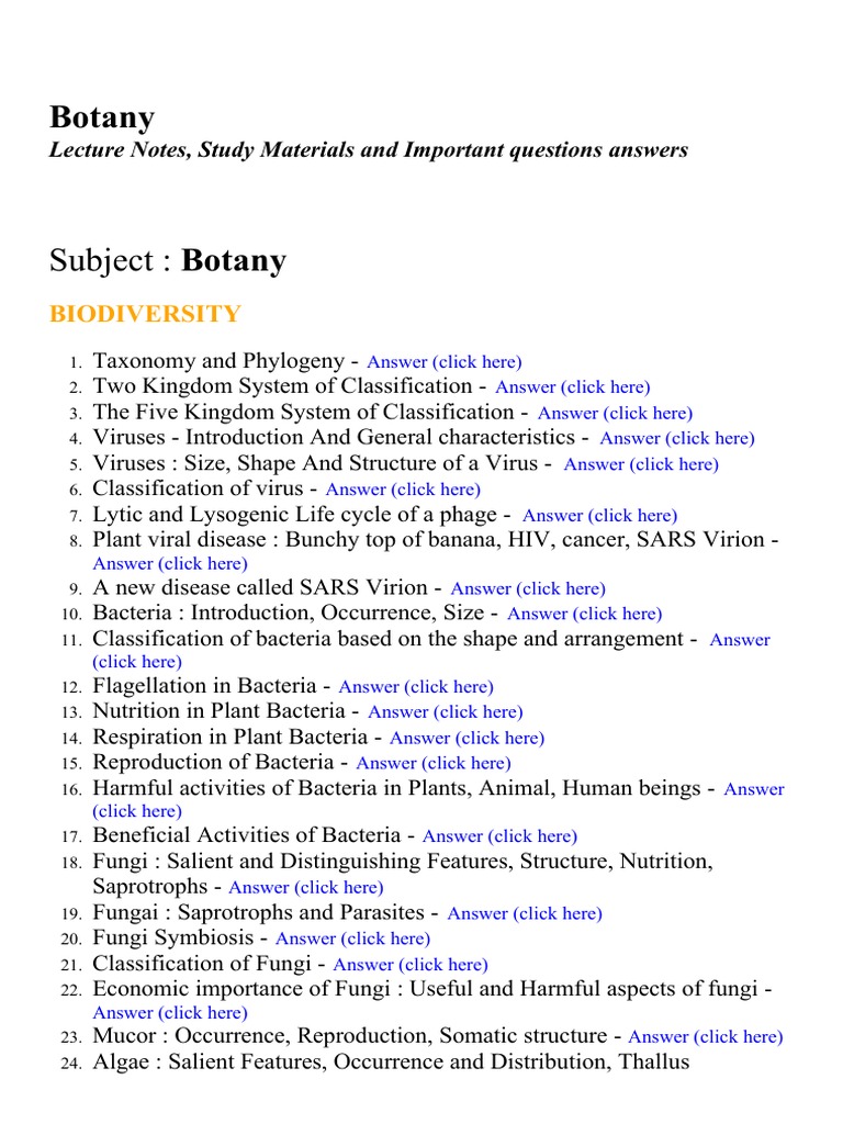 Botany - Lecture Notes, Study Materials and Important Questions Answers ...